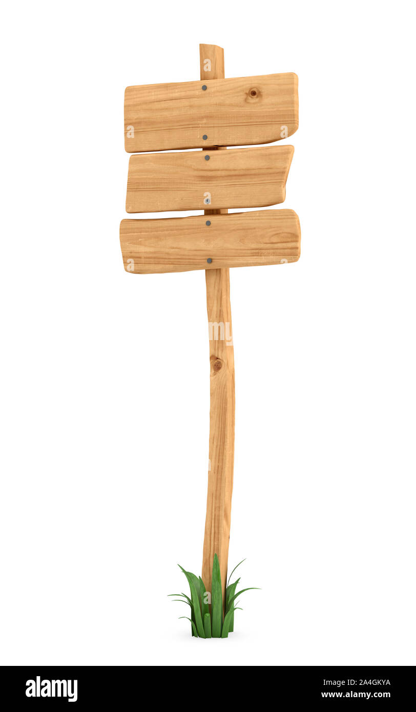3d rendering of a wooden post with three square boards for information ...