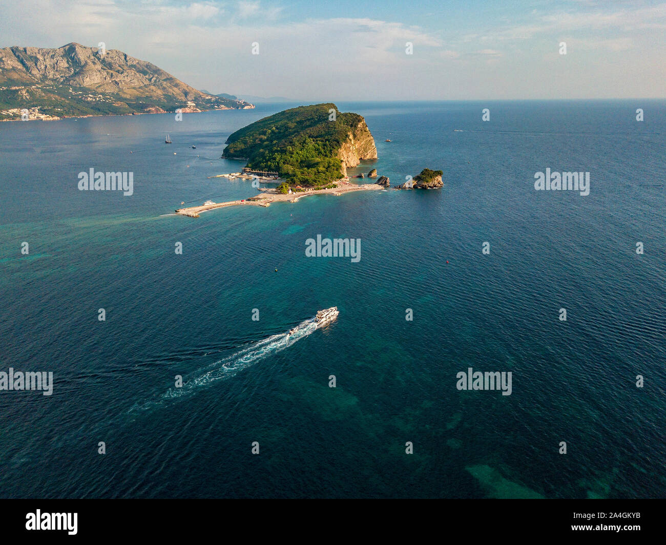 Aerial view of Sveti Nikola, Budva island, Montenegro. Jagged coasts ...