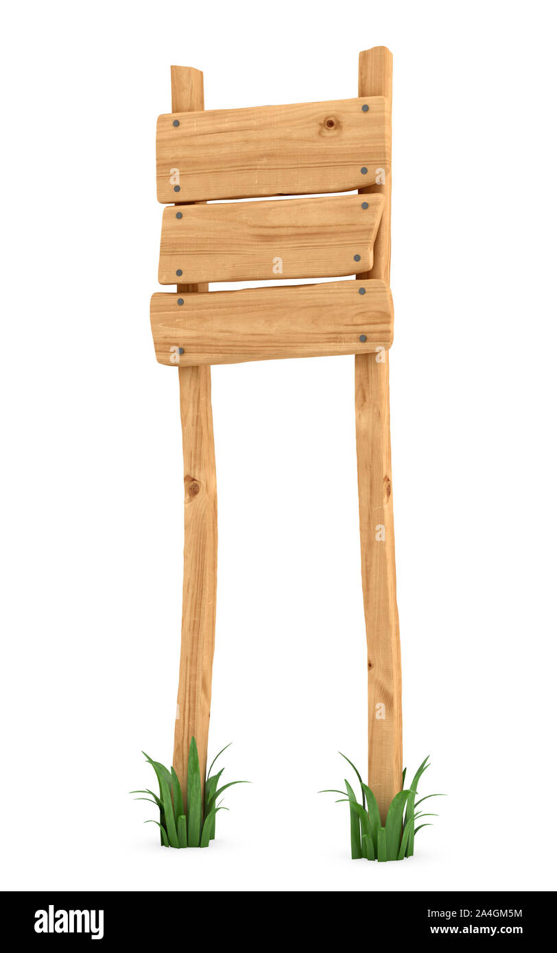3d rendering of a wooden post with three square boards for information ...