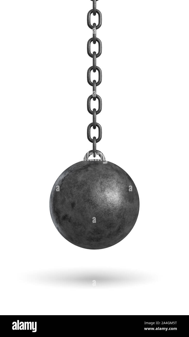3d rendering of an ink black wrecking ball hanging from a chain ...