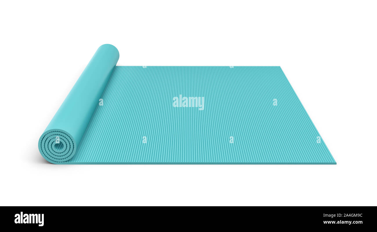 Rendering of blue half rolled yoga mat isolated on white background ...