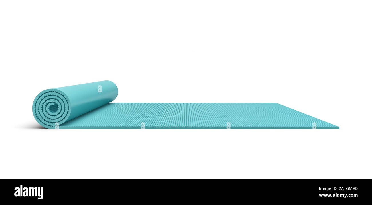 Rendering of blue half rolled yoga mat isolated on white background ...