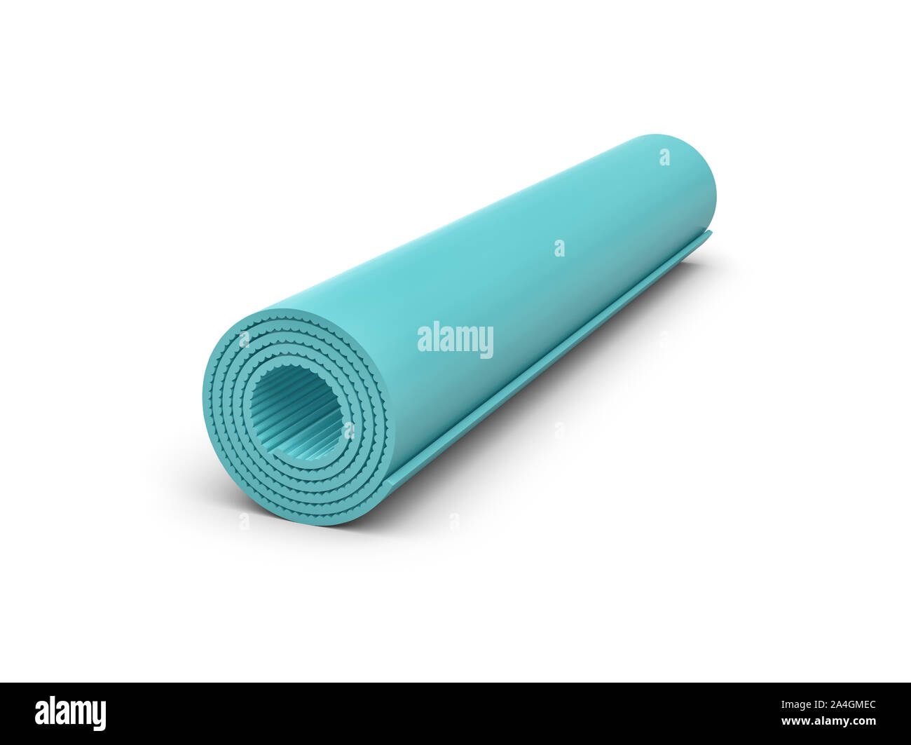 3d rendering of light blue yoga mat for exercise is rolled up isolated ...