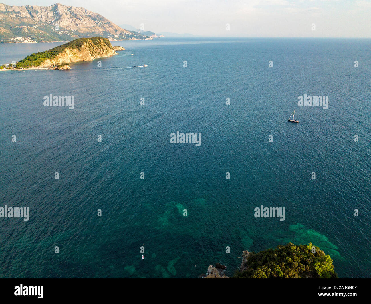 Aerial view of Sveti Nikola, Budva island, Montenegro. Jagged coasts ...