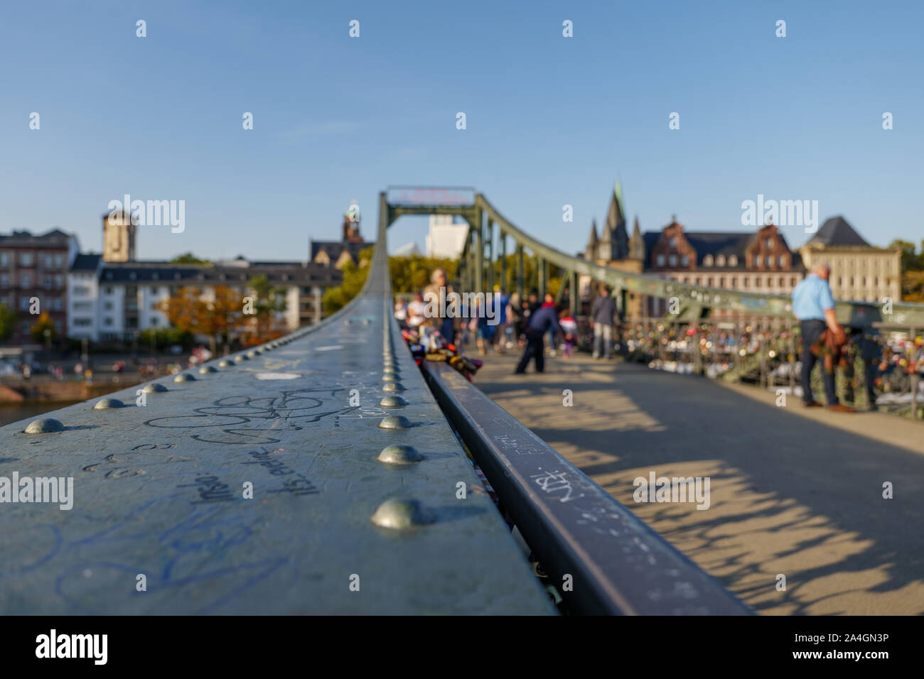 lose up view on steel handrail of balustrade on footbridge called Iron ...