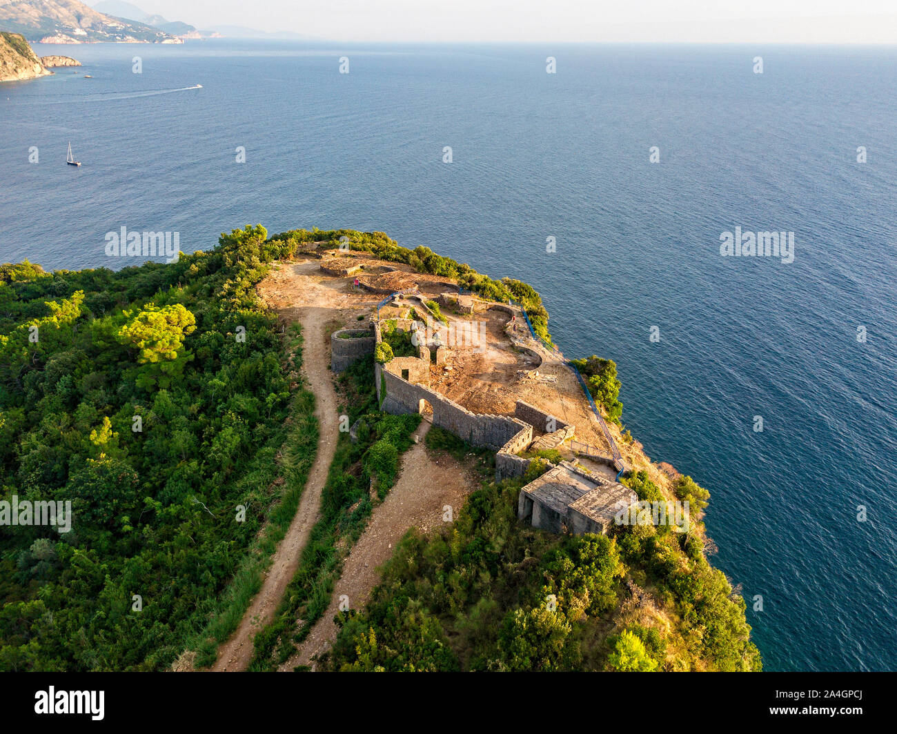 Aerial view of Mogren Fortress, Tvrdava Mogren, it is located on a ...