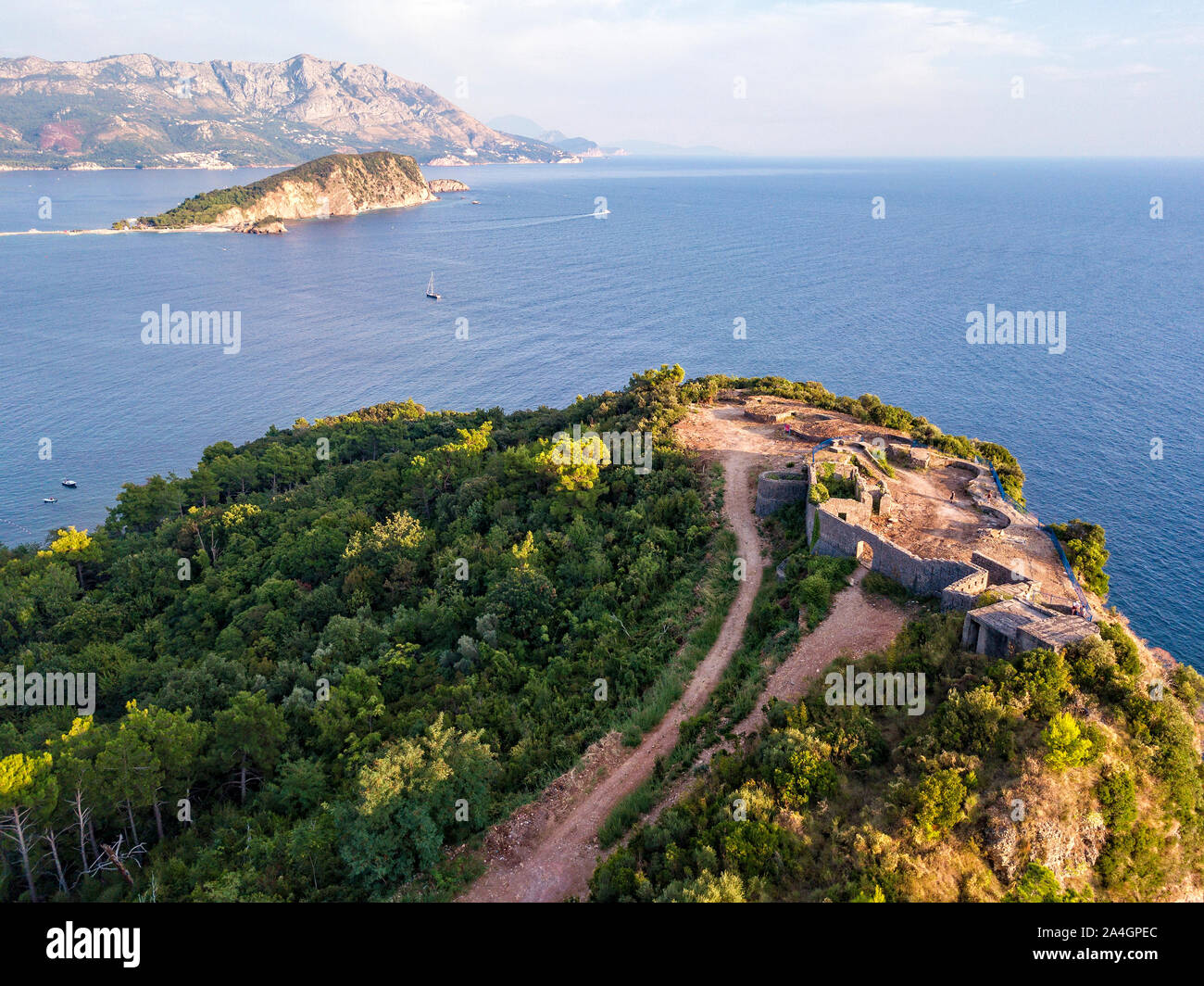 Aerial view of Mogren Fortress, Tvrdava Mogren, it is located on a ...