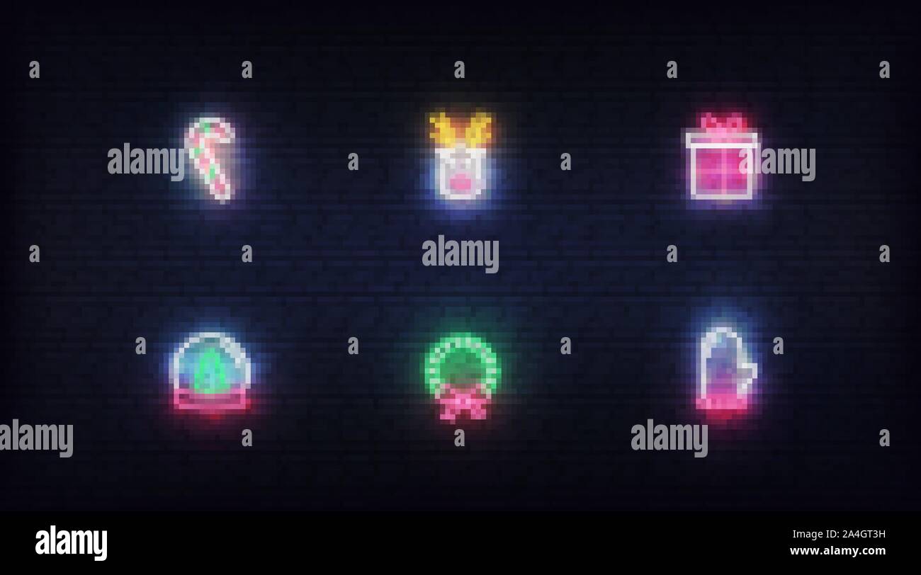 Christmas neon icons. Vector glowing neon colorful symbols for Xmas and ...