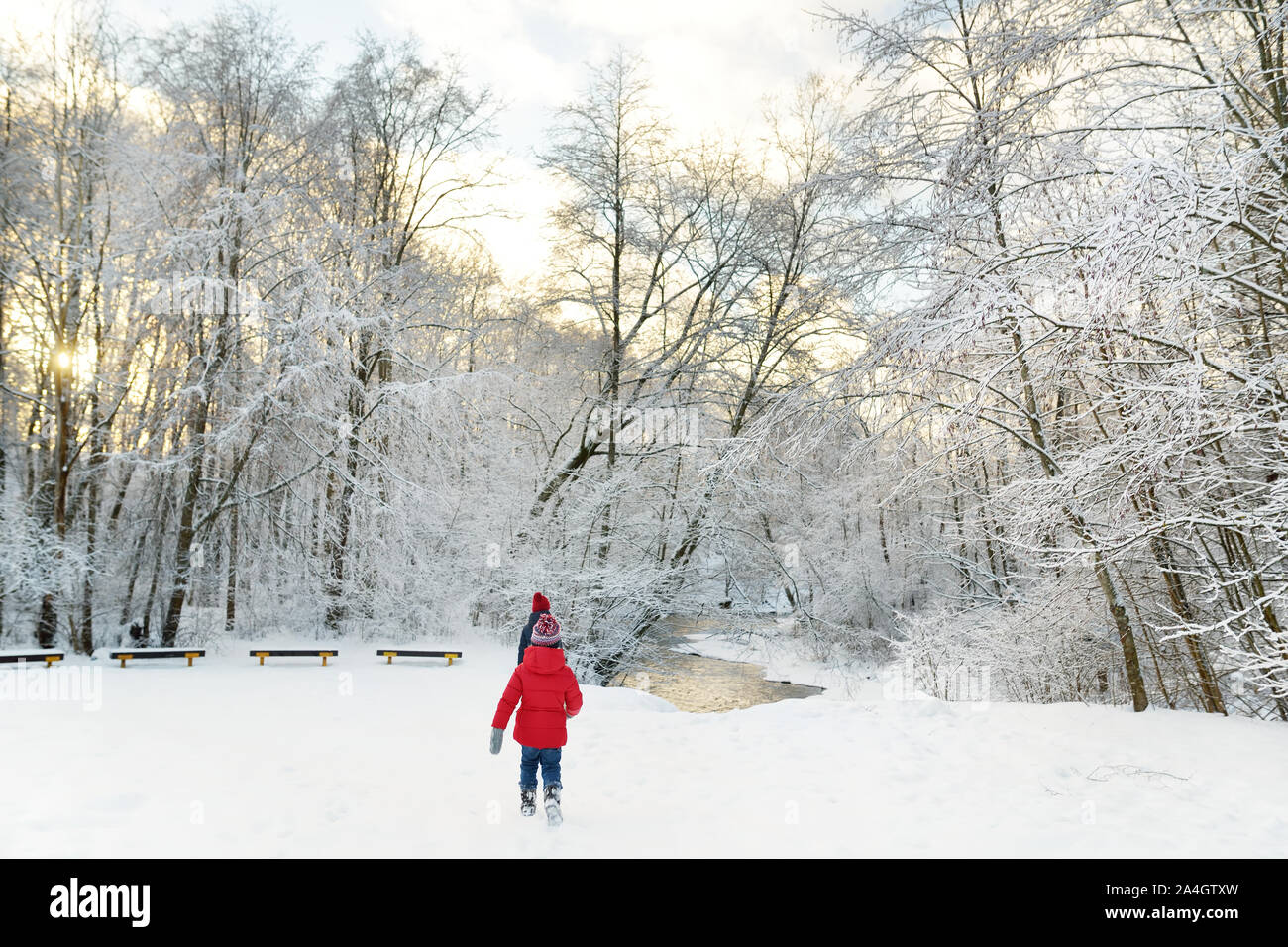 Adorable young girl having fun in beautiful winter park during snowfall ...