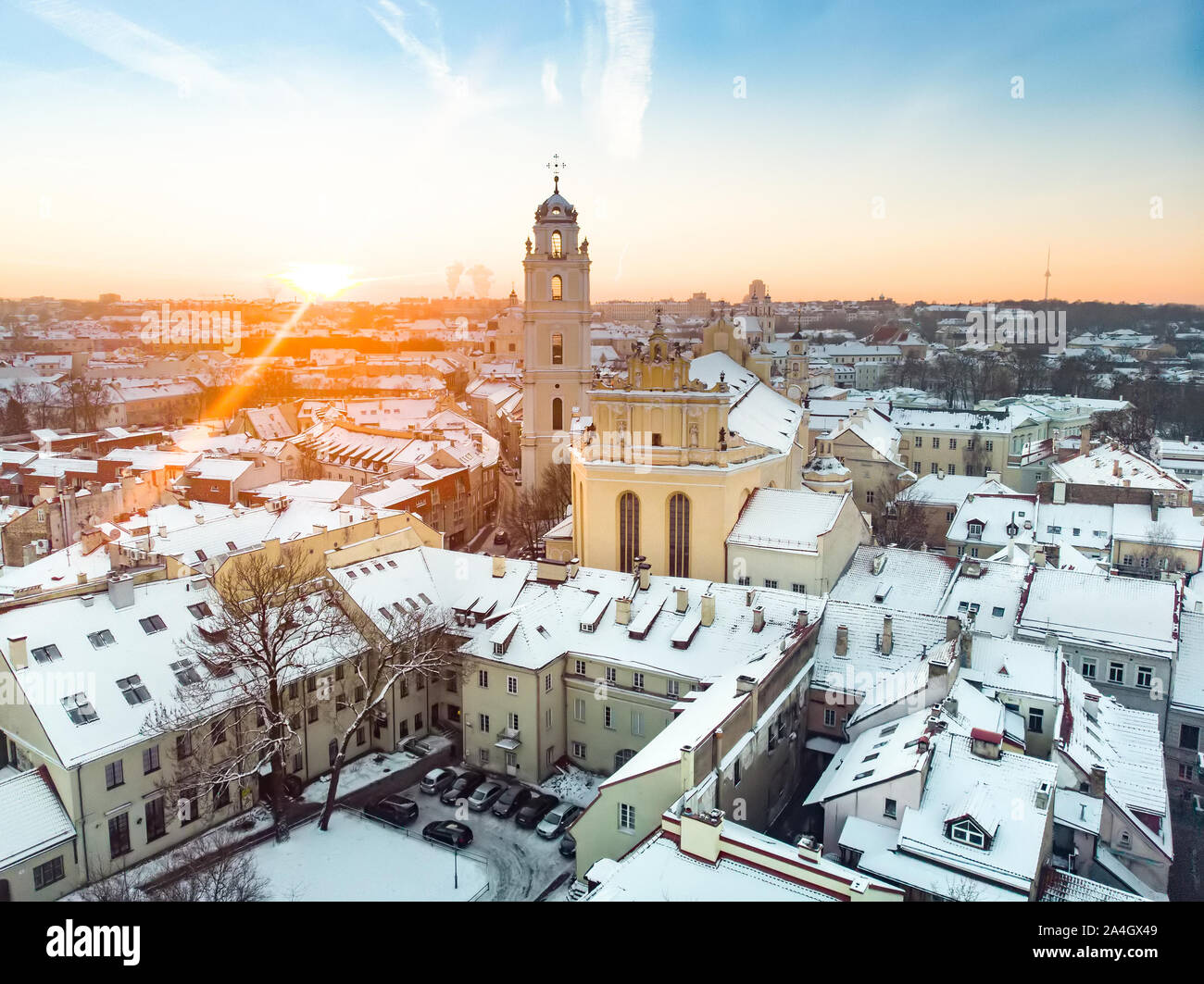 Beautiful Vilnius city panorama in winter with snow covered houses ...