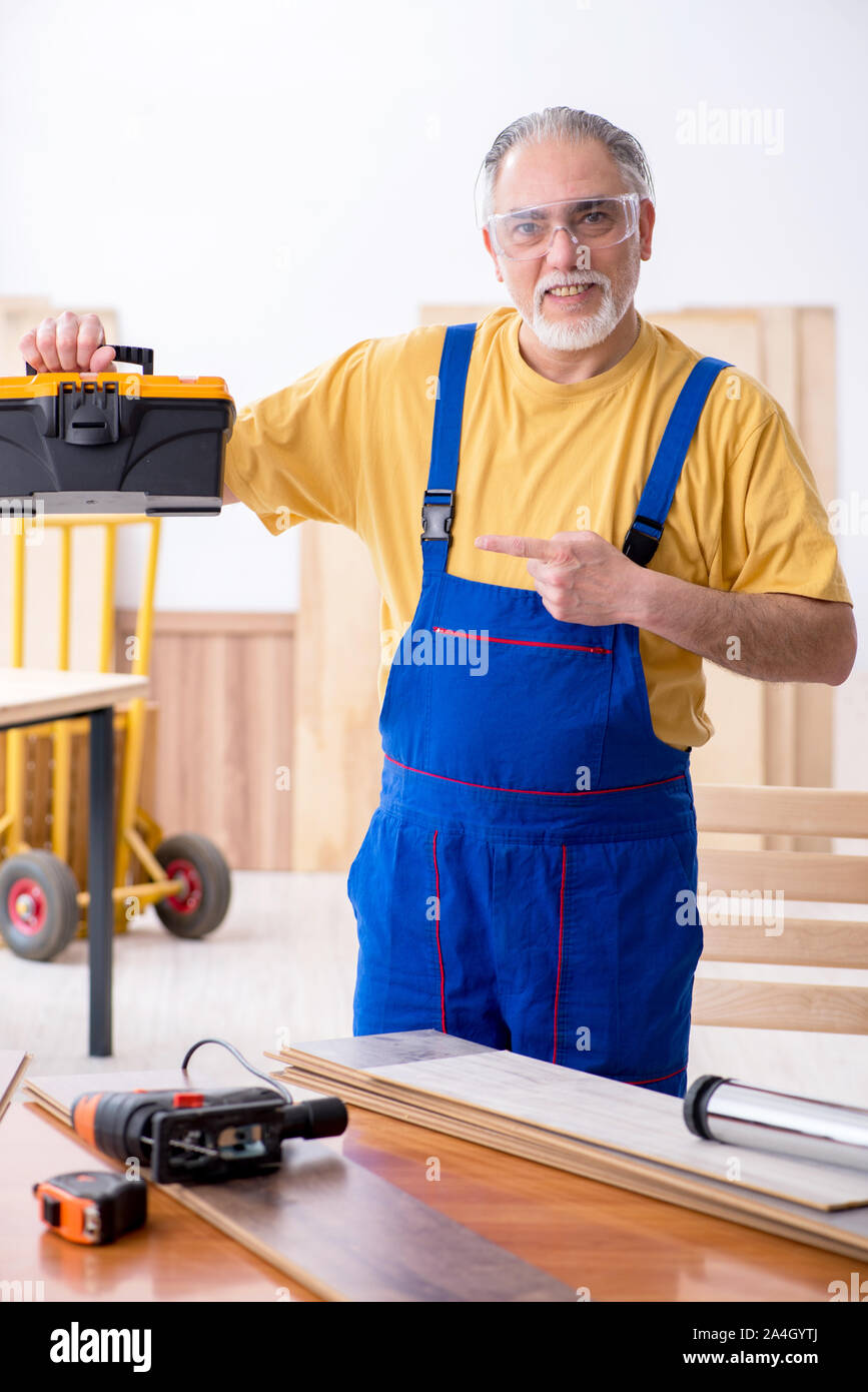 The old male carpenter working in workshop Stock Photo - Alamy