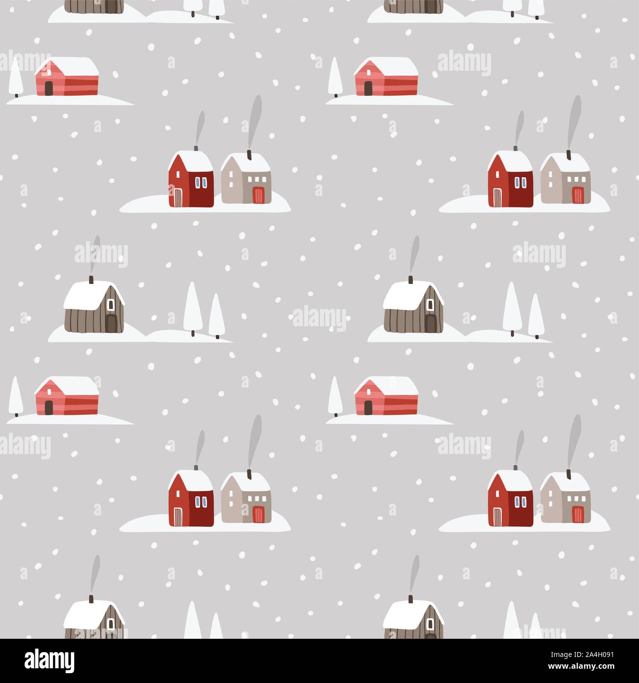 Beautiful Christmas seamless pattern. Winter snowy landscape with red ...