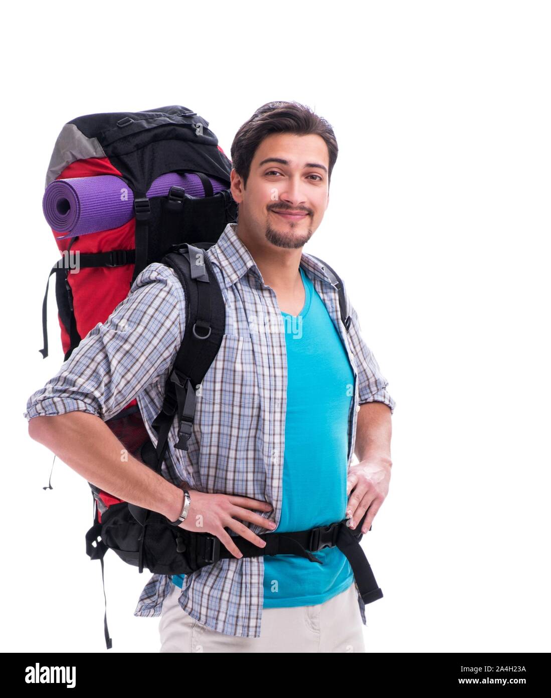 The backpacker with large backpack isolated on white Stock Photo - Alamy