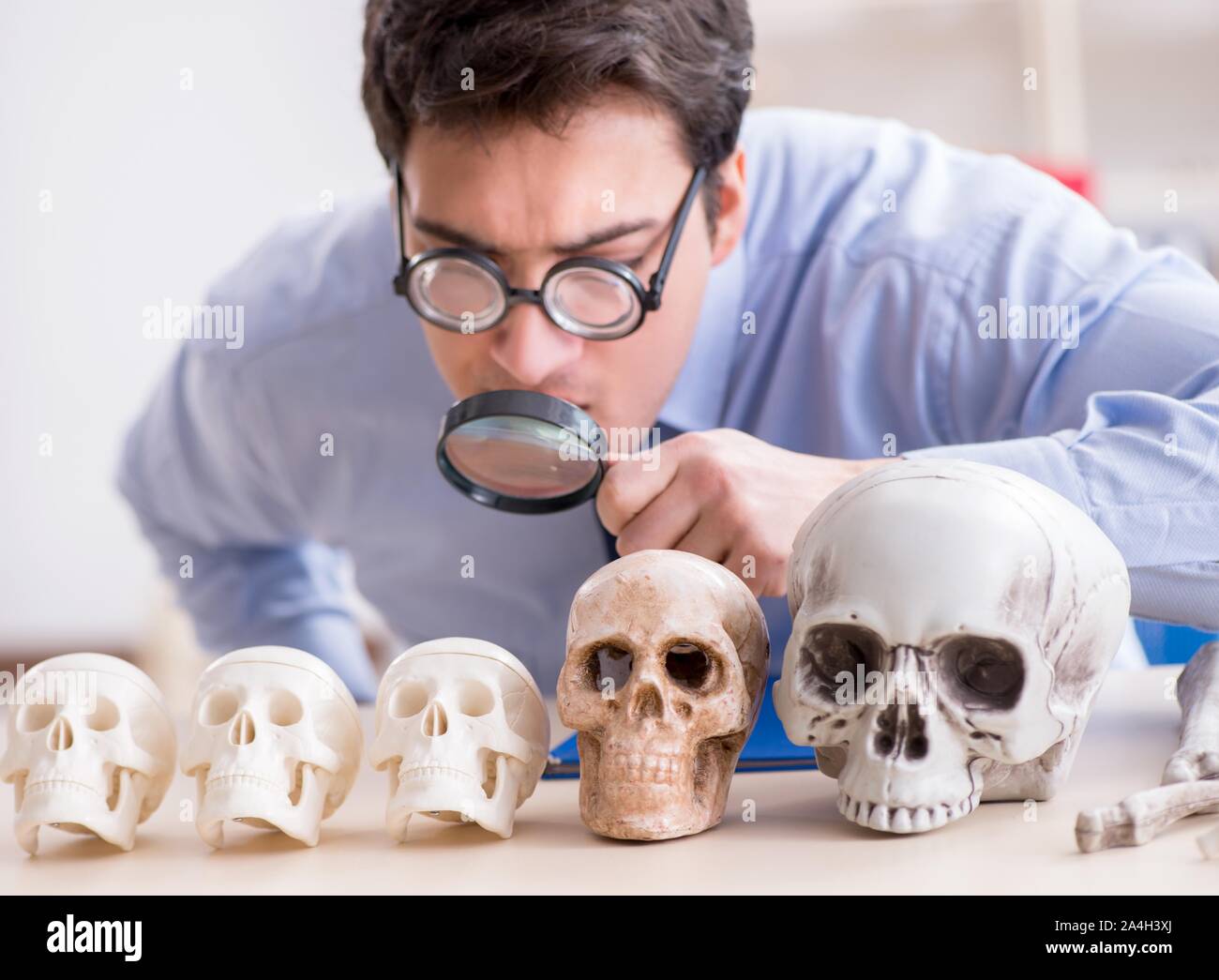 The funny crazy professor studying human skeleton Stock Photo - Alamy