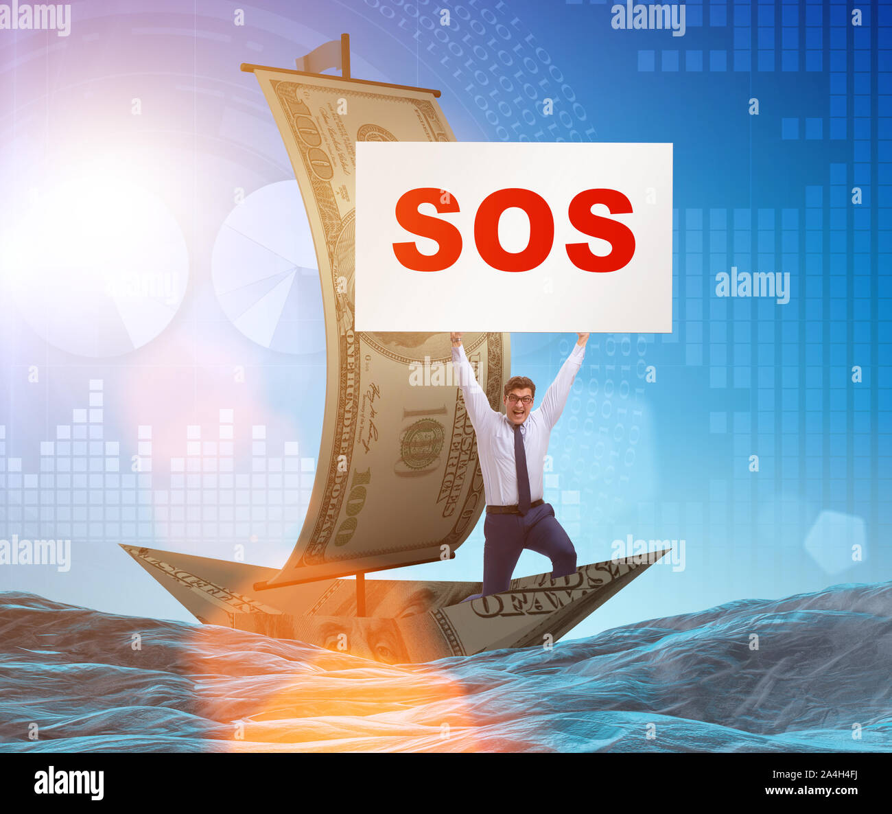 The businessman asking for help with sos message on boat Stock Photo ...