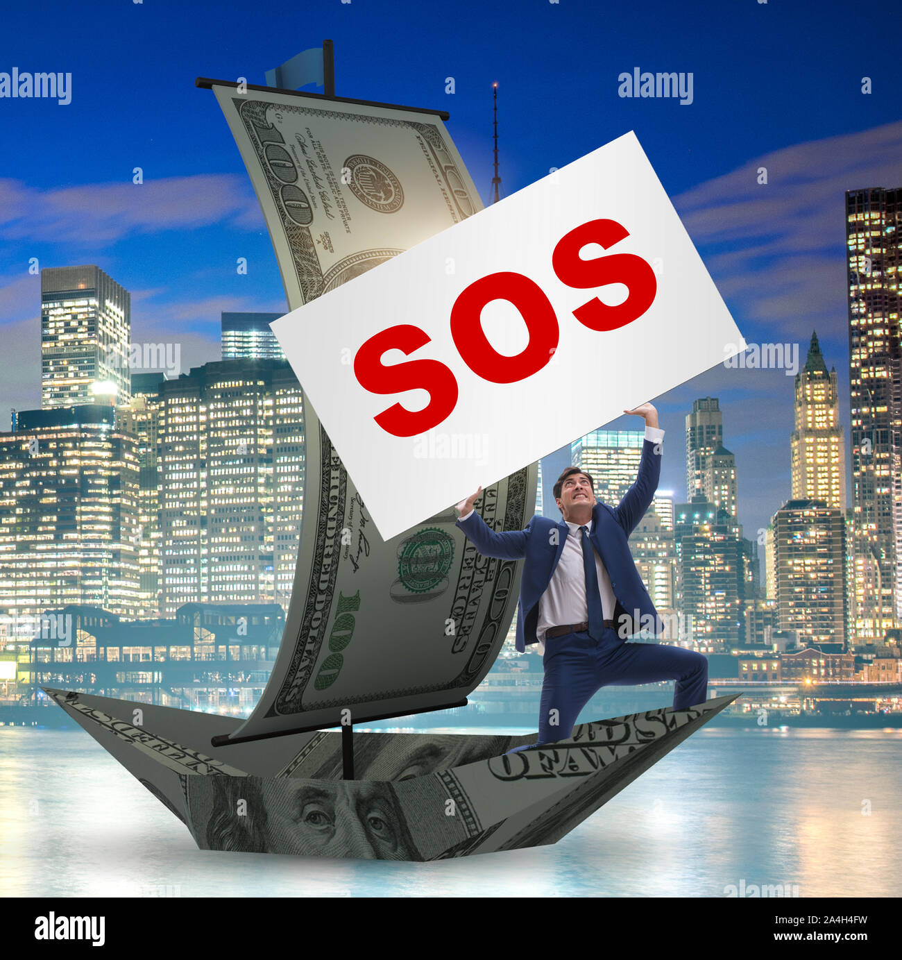 The businessman asking for help with sos message on boat Stock Photo ...