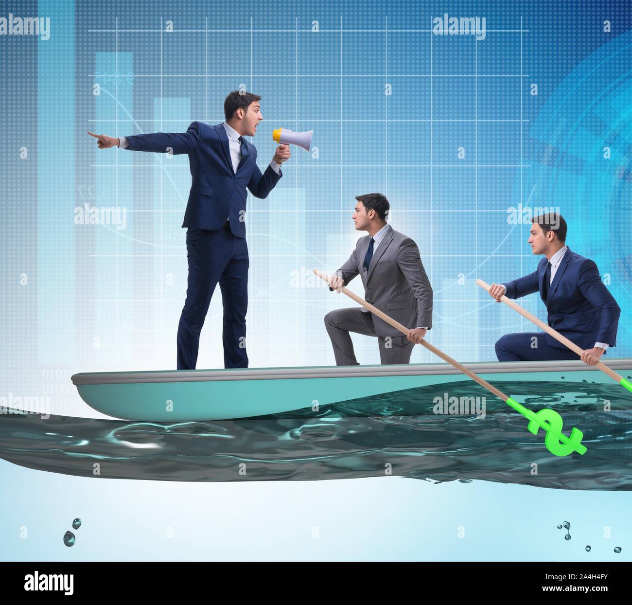 The team of businessmen in teamwork concept with boat Stock Photo - Alamy