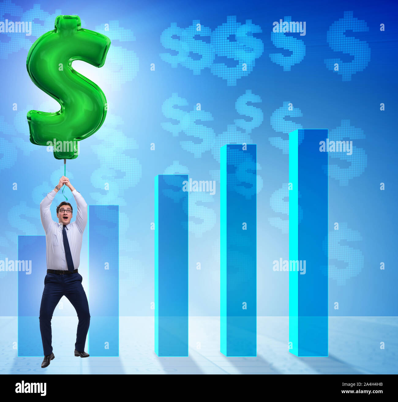 Businessman flying on dollar sign inflatable balloon over financials ...