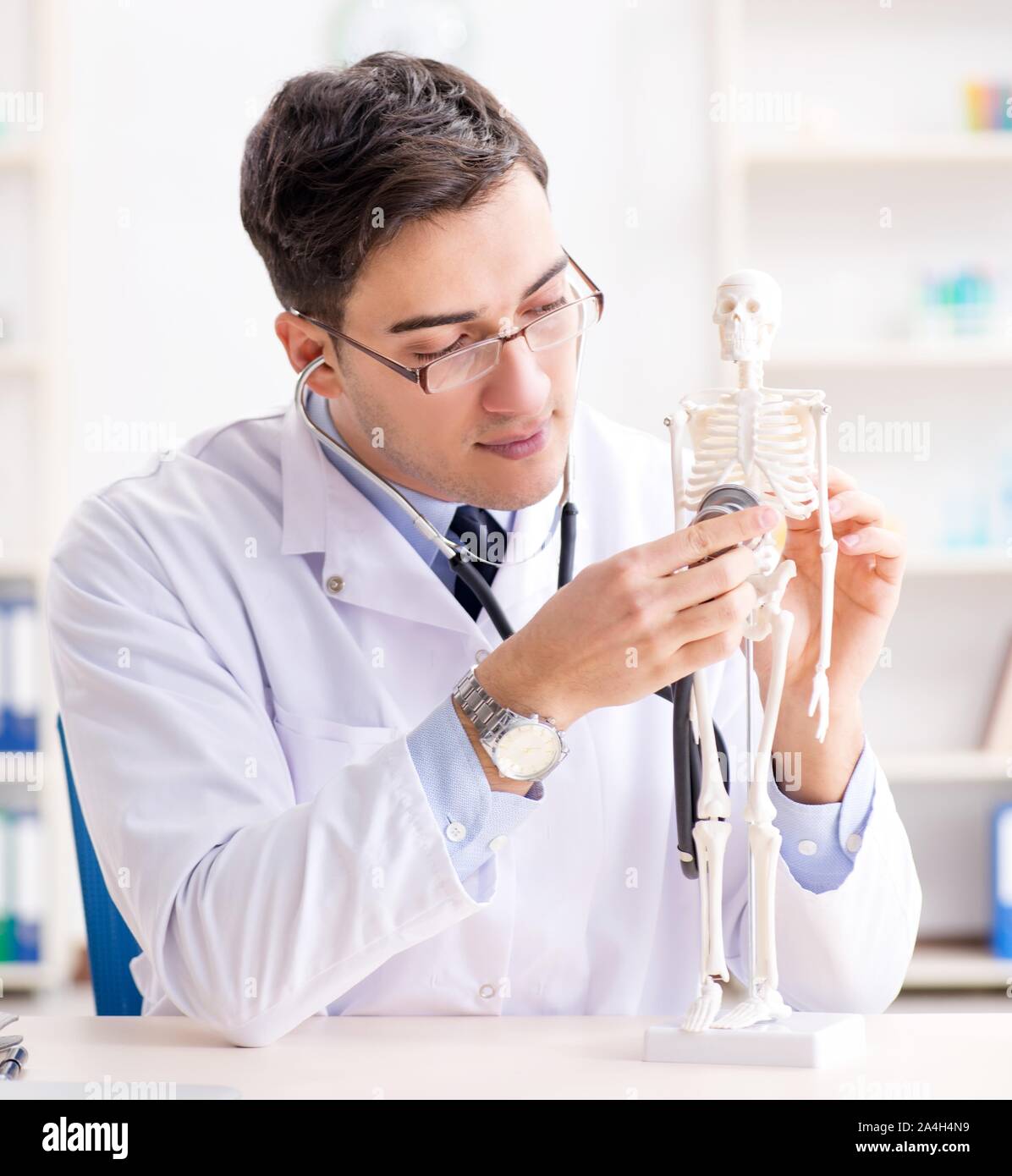 The doctor explaining human body on skeleton Stock Photo - Alamy