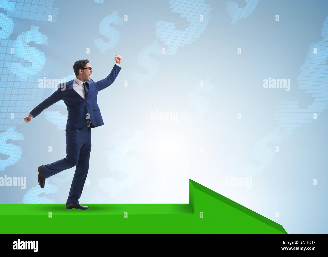 The businessman with dollar walking on arrow sign Stock Photo - Alamy