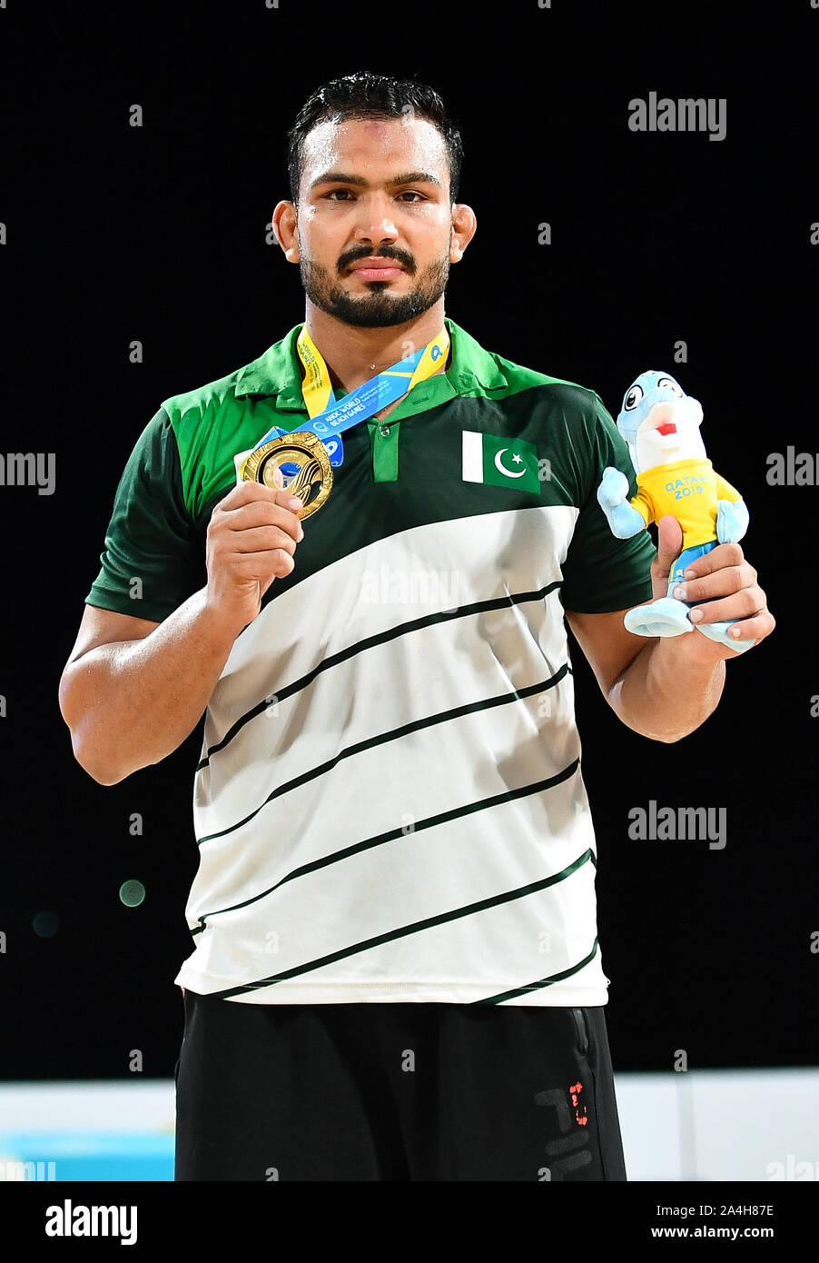 Doha, Qatar. 14th Oct, 2019. Gold medalist Muhammad Inam of Pakistan ...
