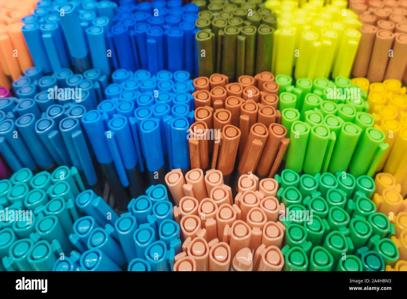 Close up on top view on variety of many colorful pens are in box on ...
