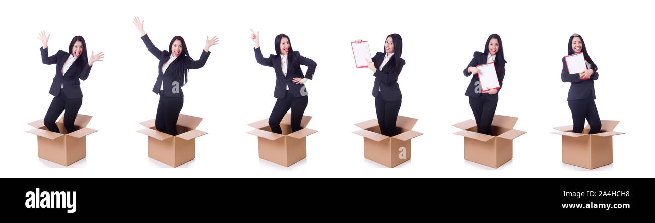 The woman with boxes on white Stock Photo - Alamy