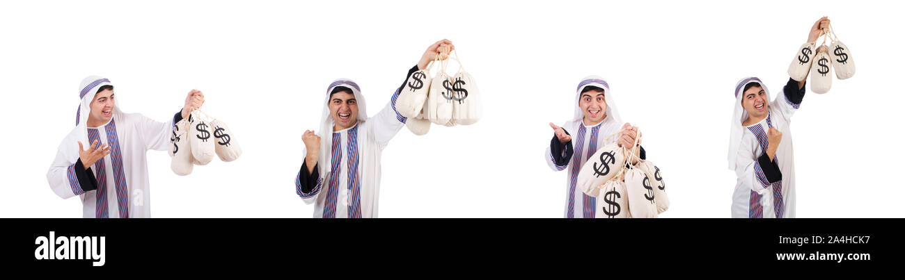 The arab man with money sacks isolated on white Stock Photo - Alamy