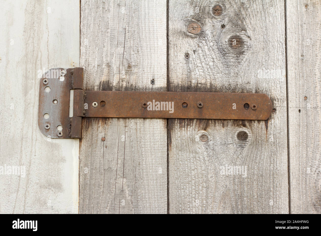 Fragment of closed old wooden gate with rusty hinges Stock Photo - Alamy