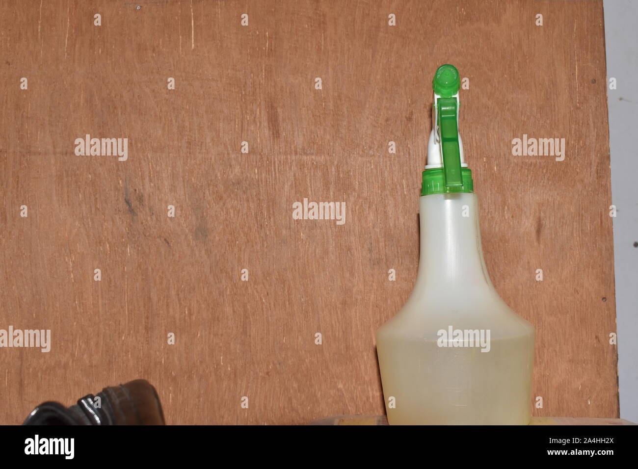 Water sprayer isolated on brown color background. Small plastic white ...