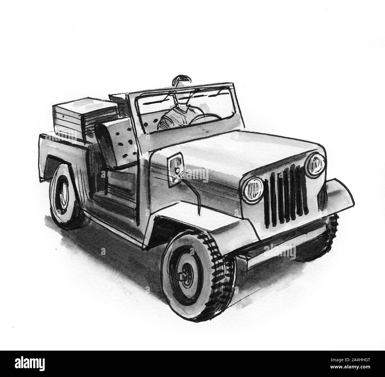 Military vehicle. Ink and watercolor illustration Stock Photo - Alamy