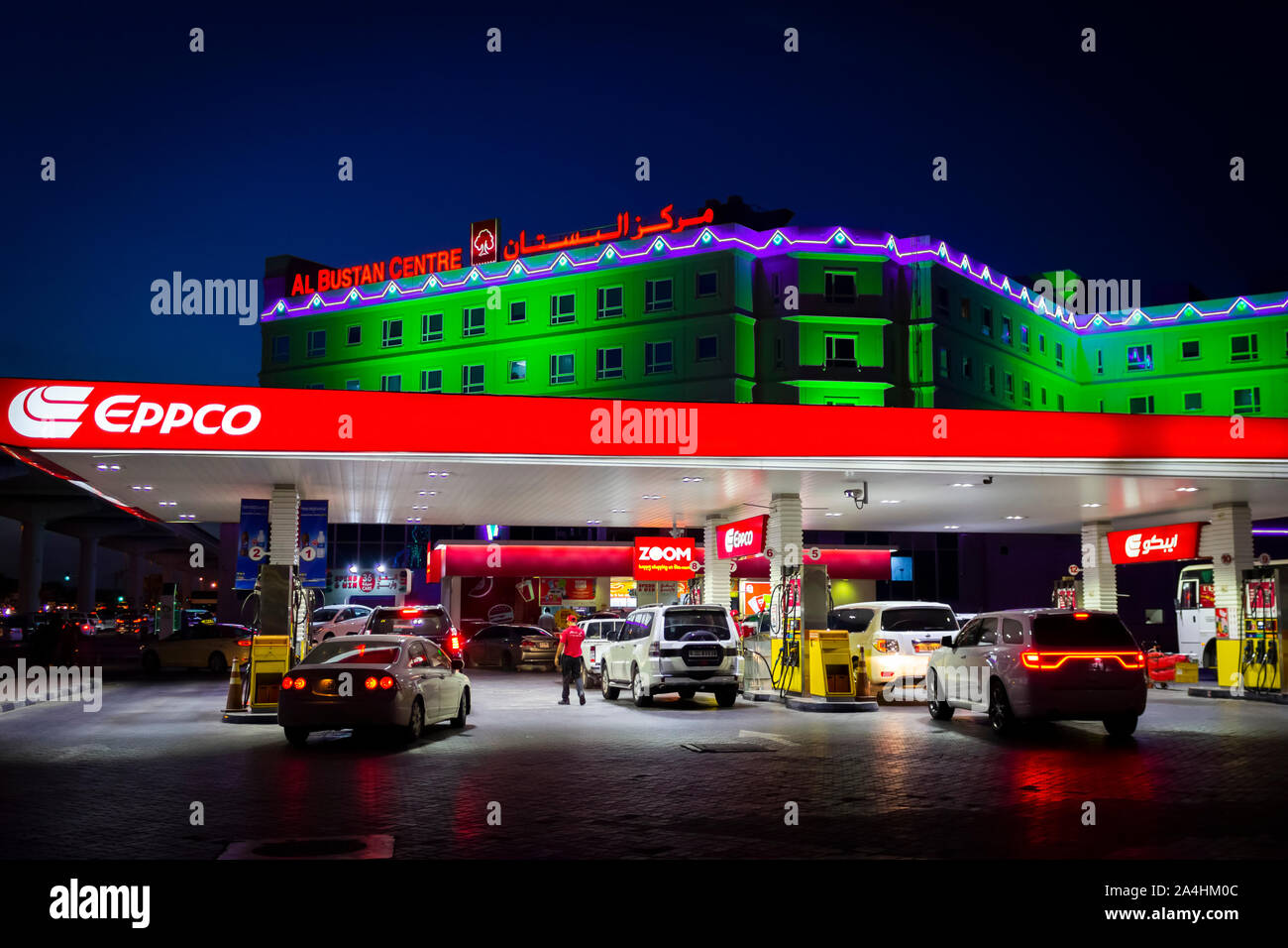 Dubai, UAE - December 1, 2018: Dubai's Eppco city gas station at night ...