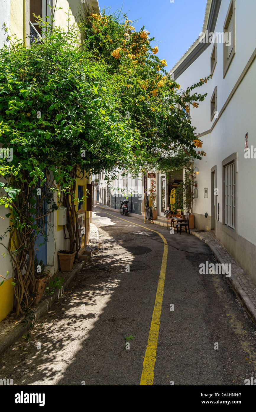 Picturesque street in Tavira old town decorated with flowers. Tavira ...