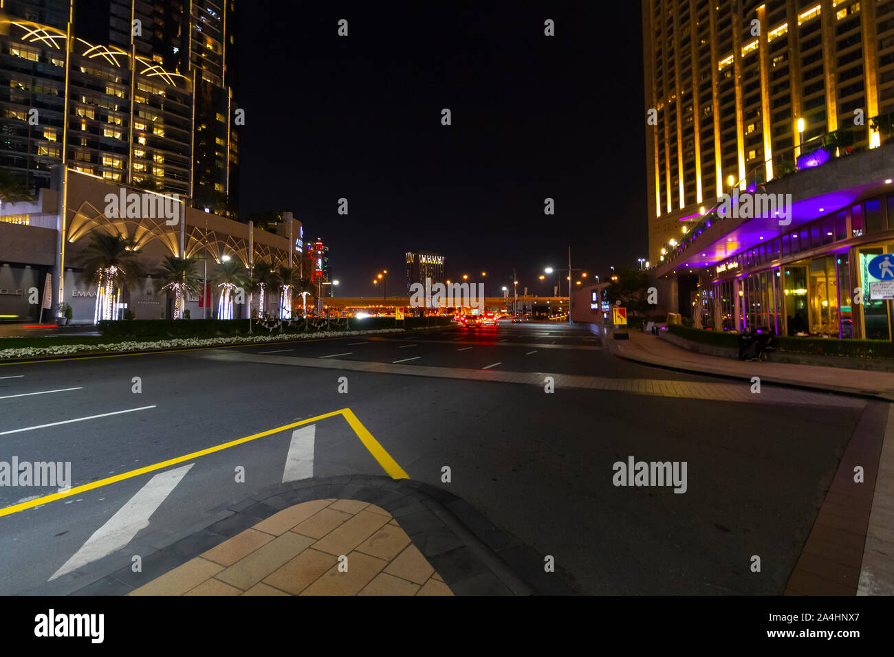Dubai, UAE - December 2, 2018: District downtown. View of street ...