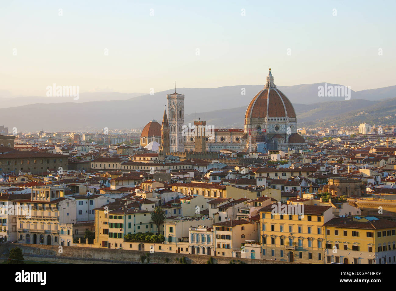 Florence city during golden sunset. Panoramic view of the Cathedral of ...