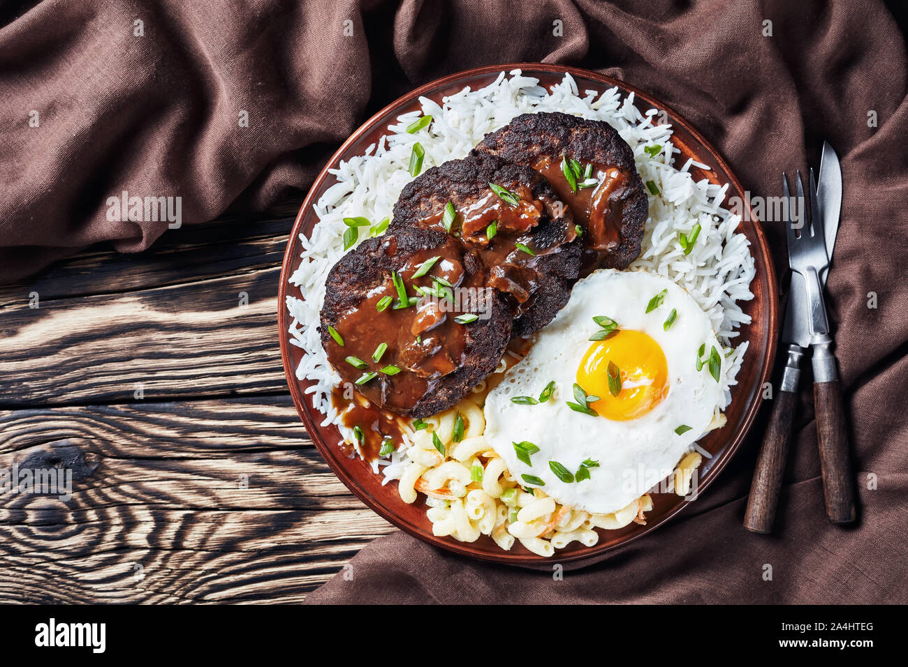 Loco Moco, Hawaiian Gravy Burger on Rice, and macaroni salad topped ...