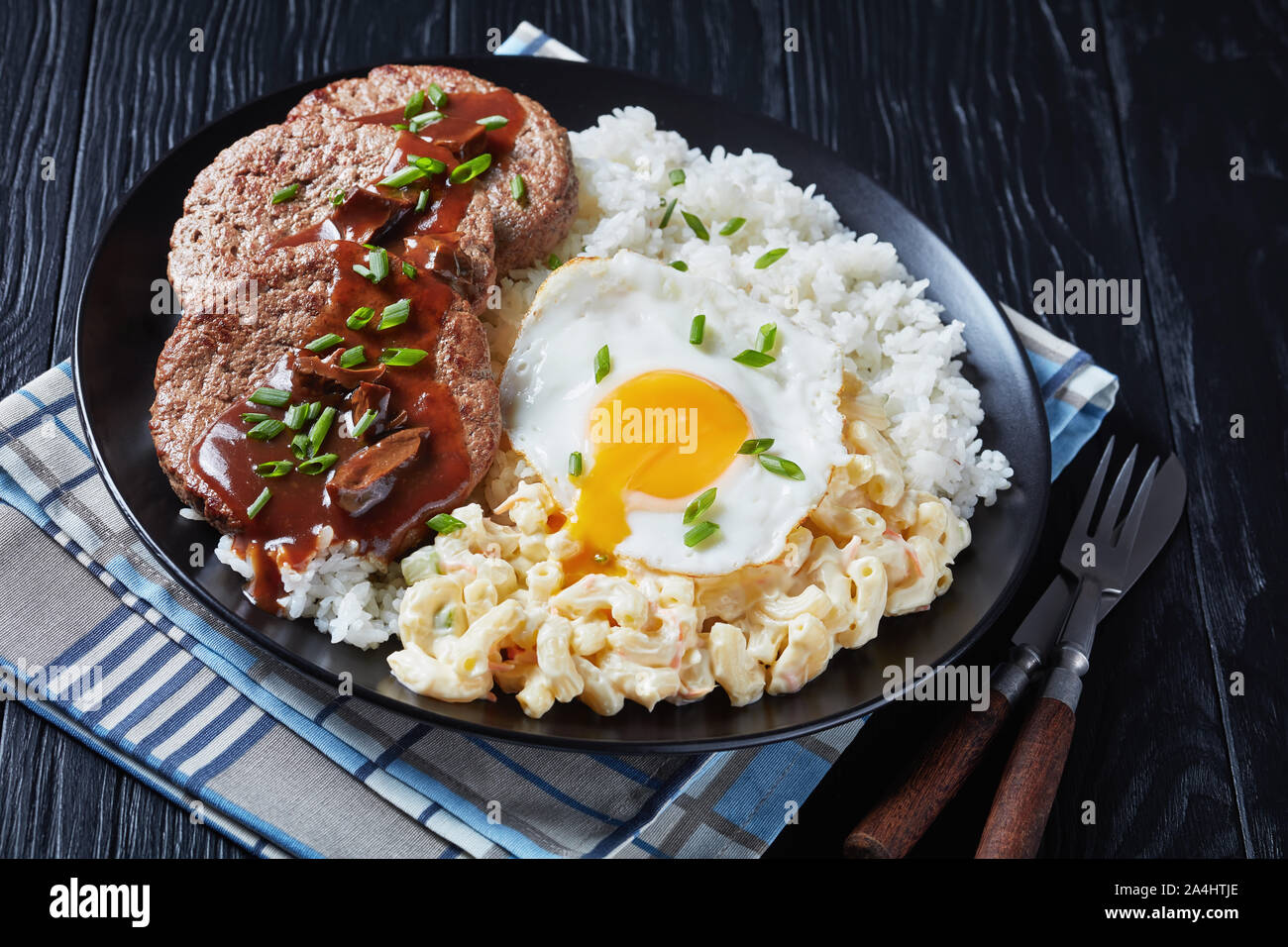 Loco Moco, Hawaiian Gravy Burger on Rice, and macaroni salad topped ...