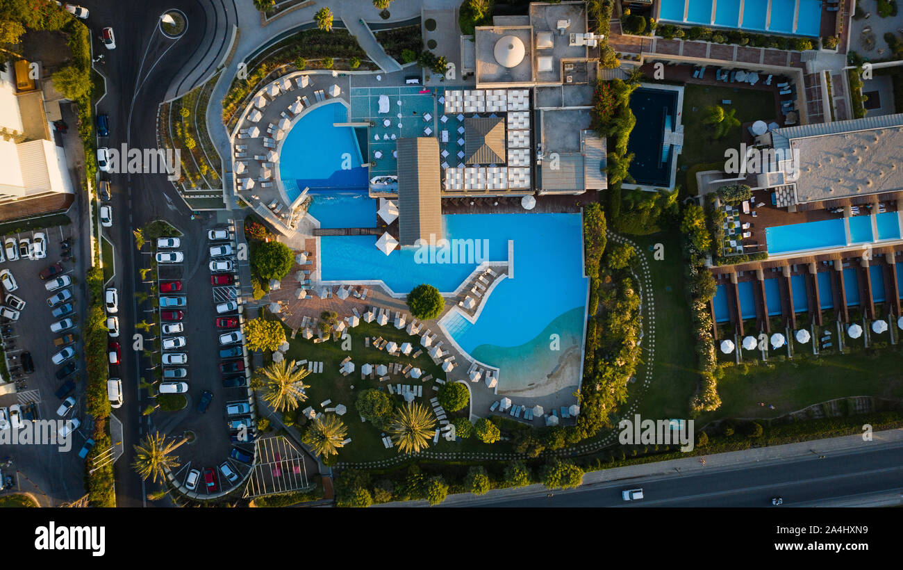 birds eye view of large pool and hotel complex area in Rhodes, Greece ...