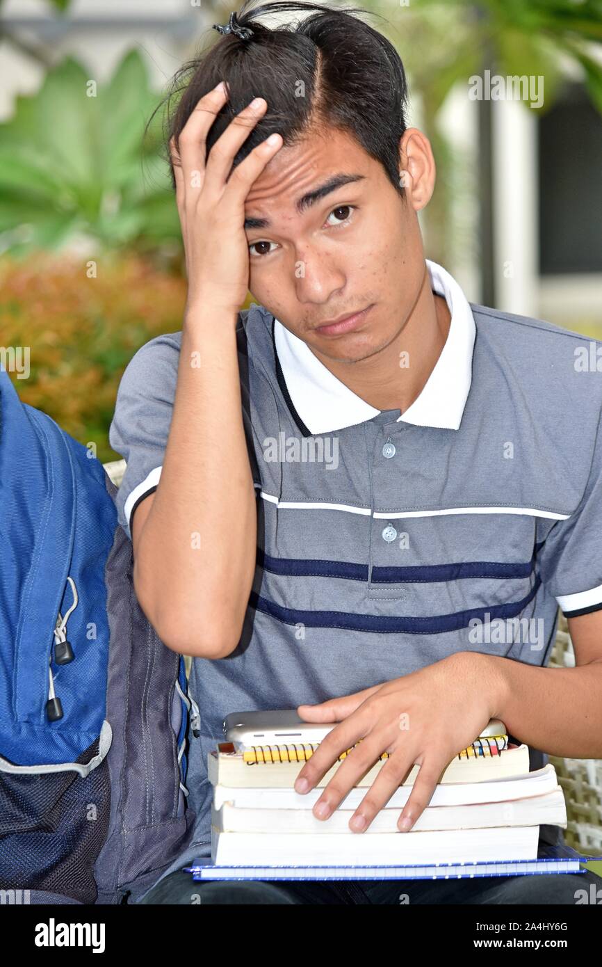 Worrisome Young Boy Student With Notebooks Stock Photo - Alamy