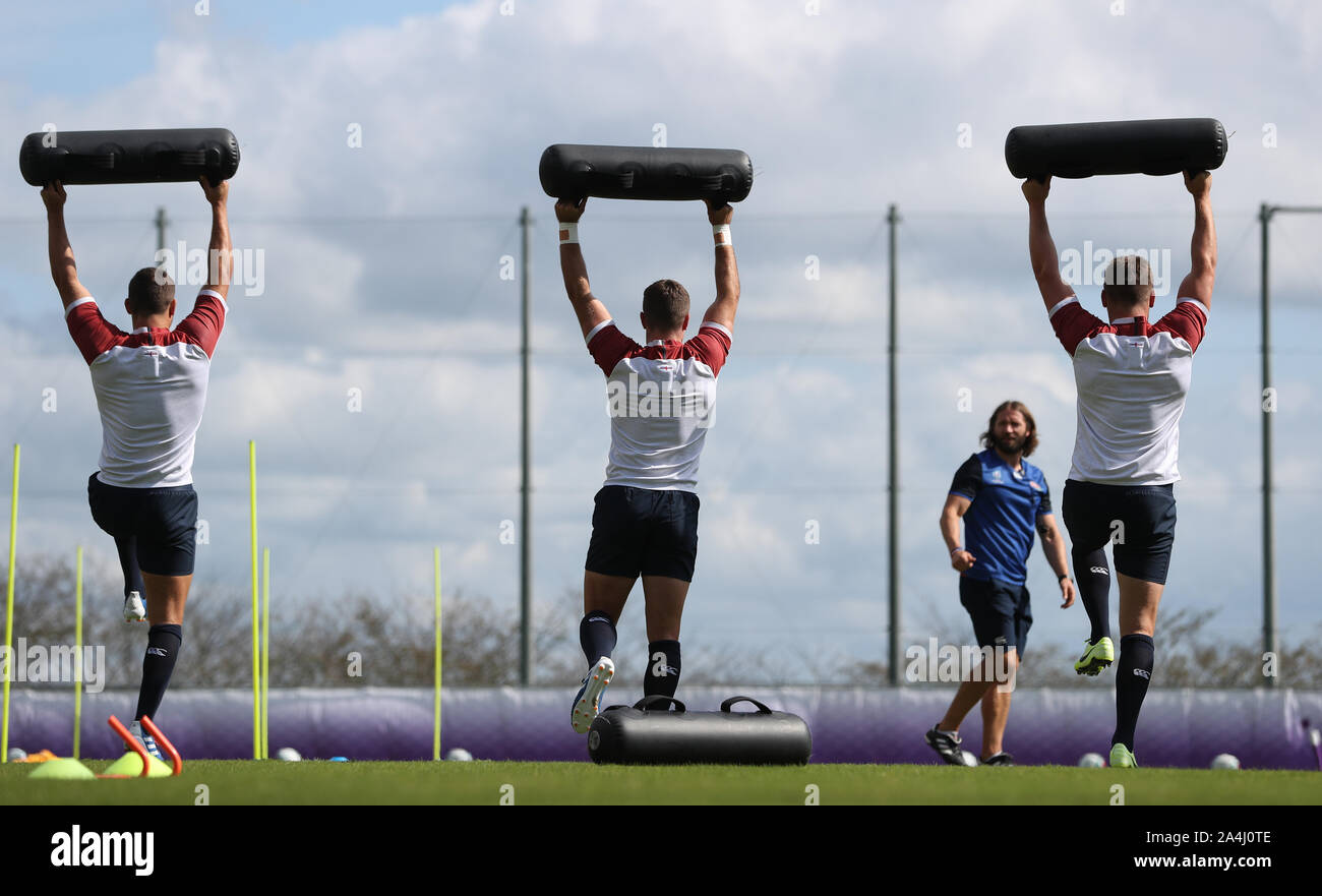 England players Ben Youngs, George Ford and Owen Farrell warm up during ...
