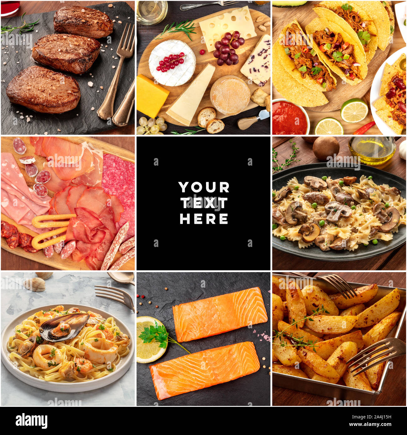 Food Collage. Many photos of tasty dishes, a square design template for ...