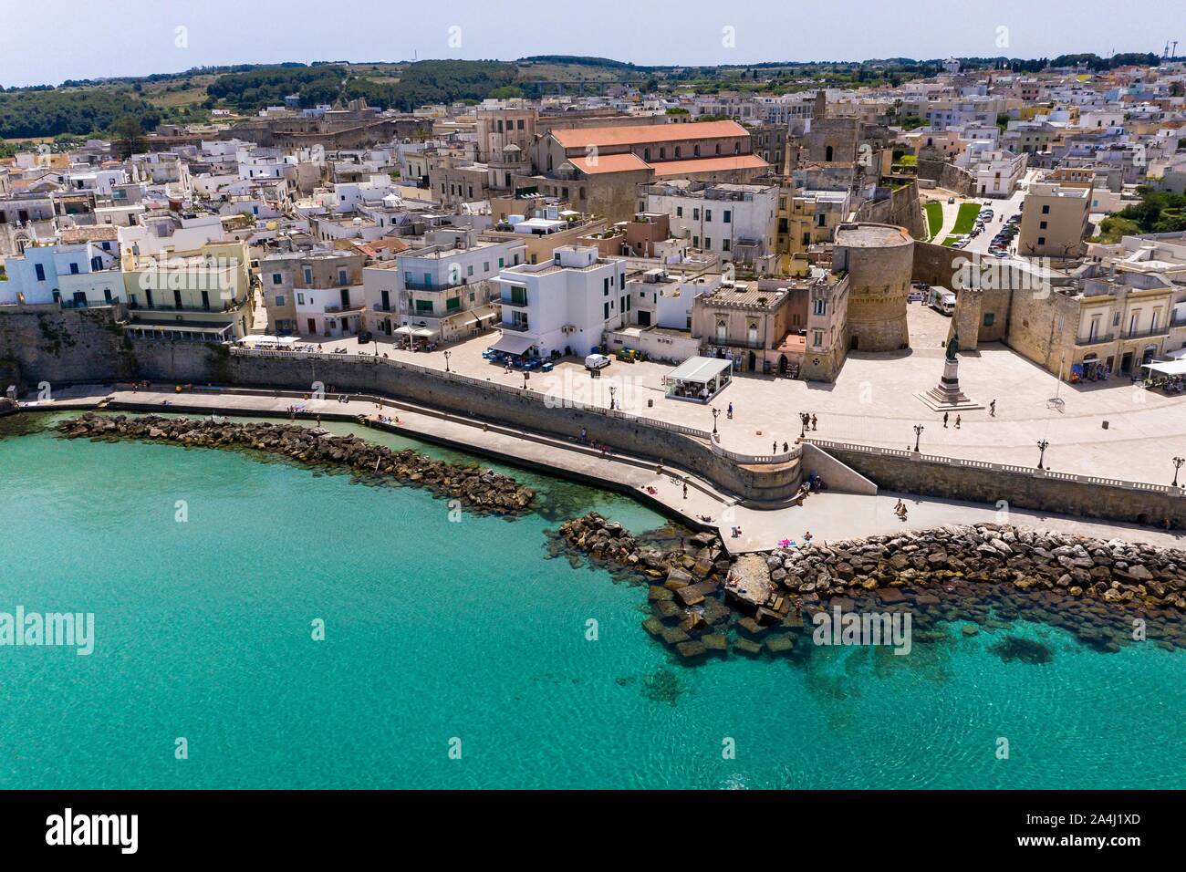 Aerial view, city view with harbour and castle, Otanto, Lecce province ...