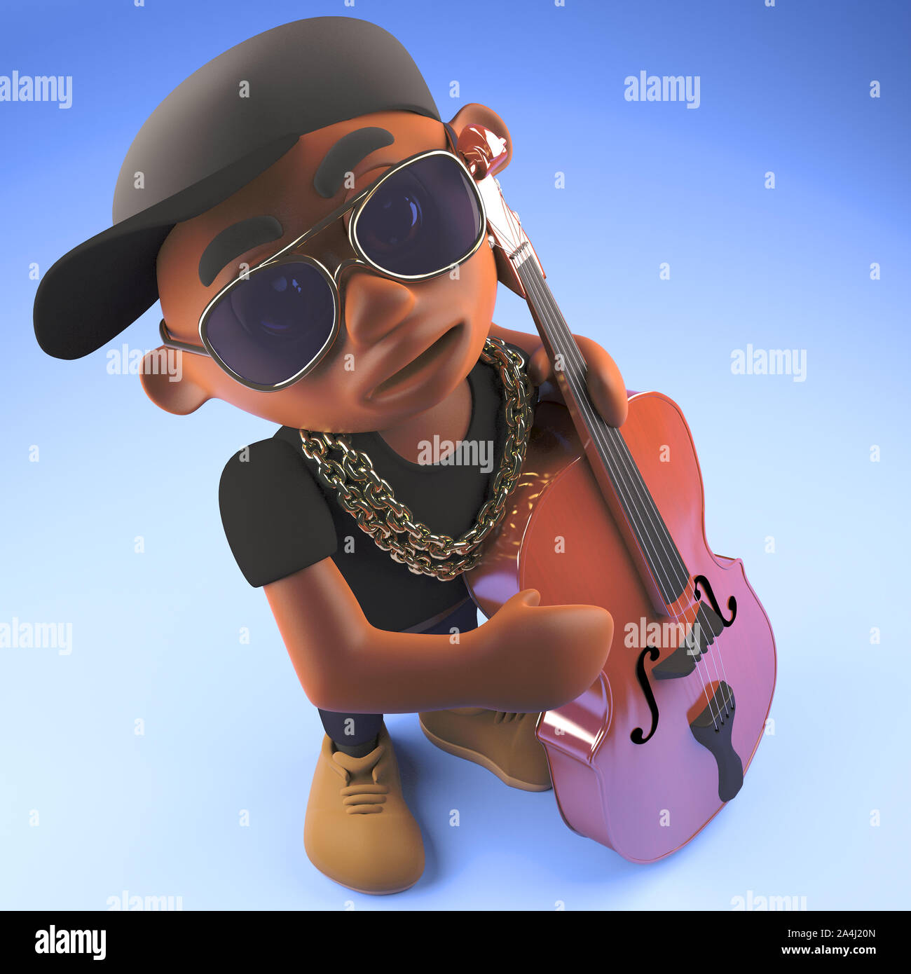 Cool black rap hiphop artist playing some jazz bass, 3d illustration ...