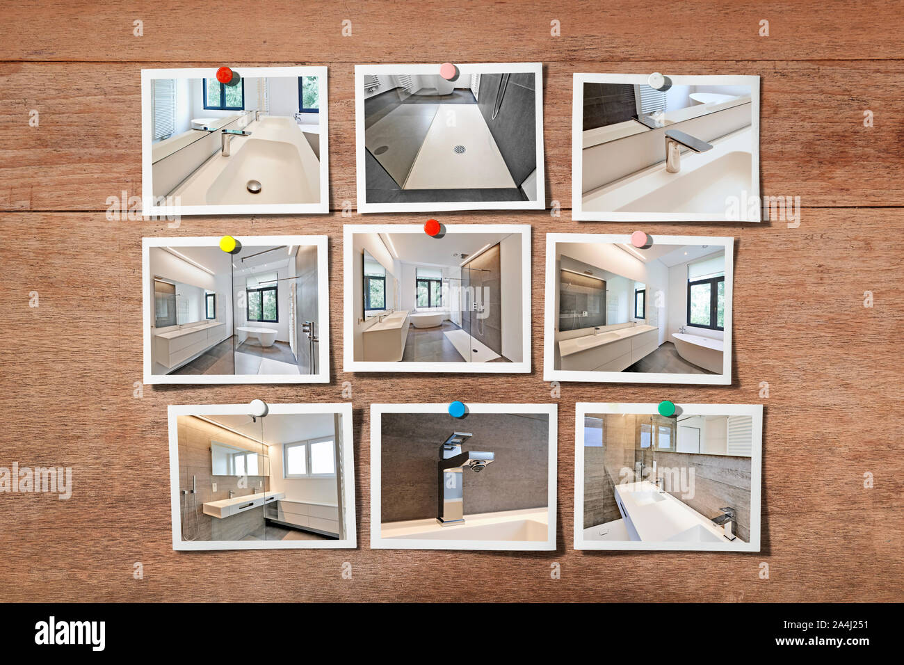 Instant photo on Wooden background and Bathtub in corian, Faucet and ...