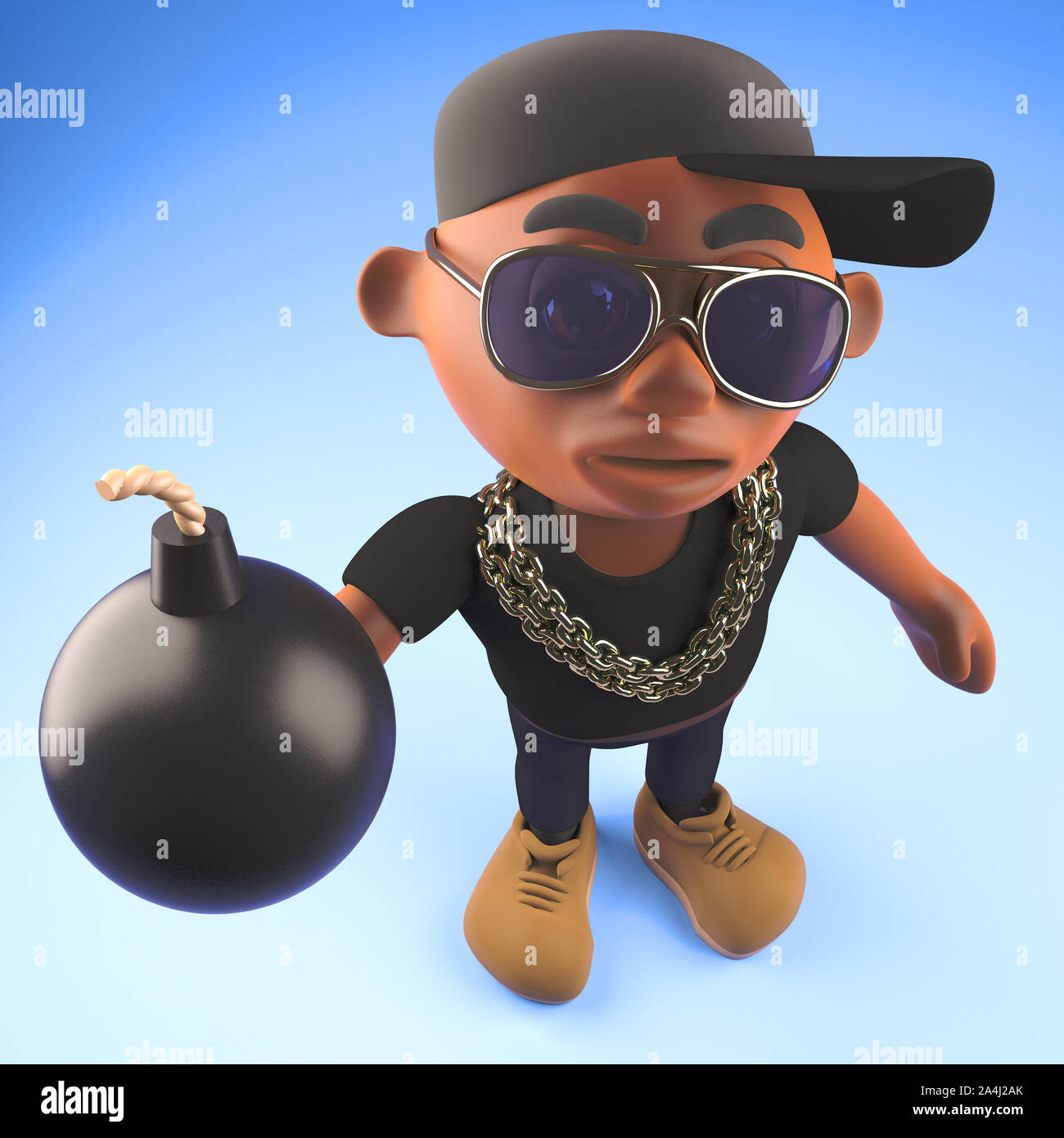 Baseball cap wearing black hiphop rapper holding a bomb, 3d ...