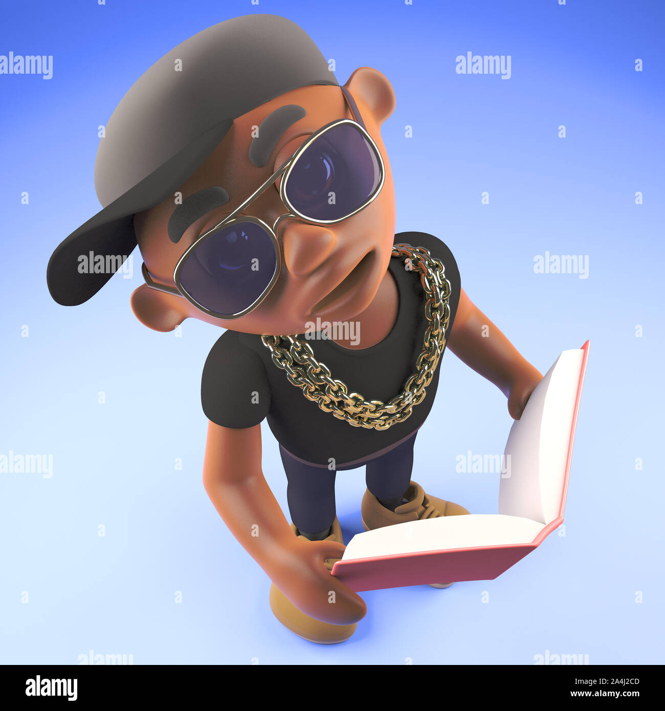 Smart black hiphop rapper reading a book for study, 3d illustration ...