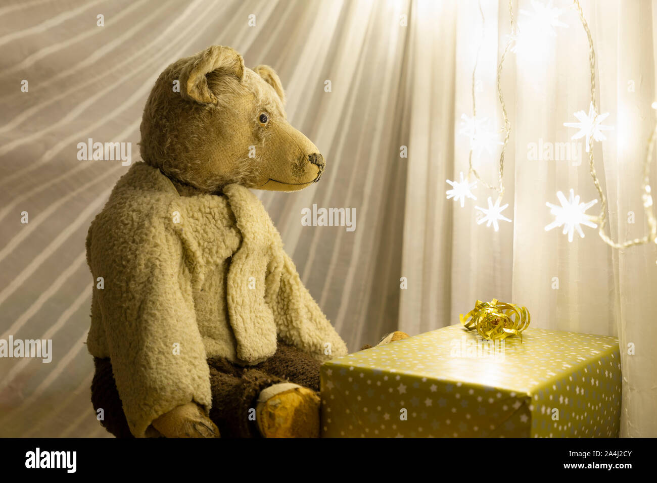 A cute vintage teddy bear with a christmas present wrapped in gold ...