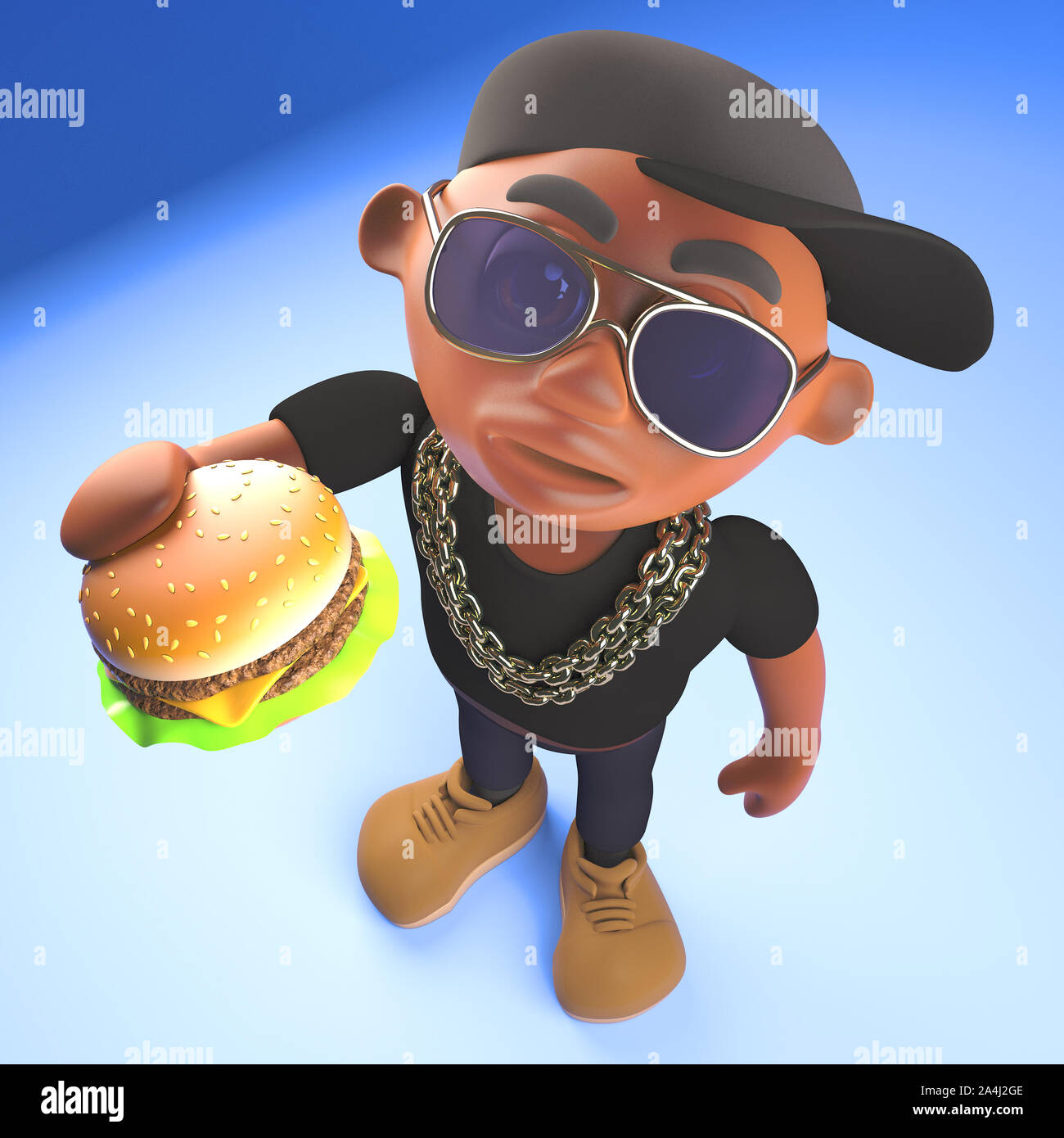 Hungry black hiphop rapper eating a delicious cheese burger snack, 3d ...
