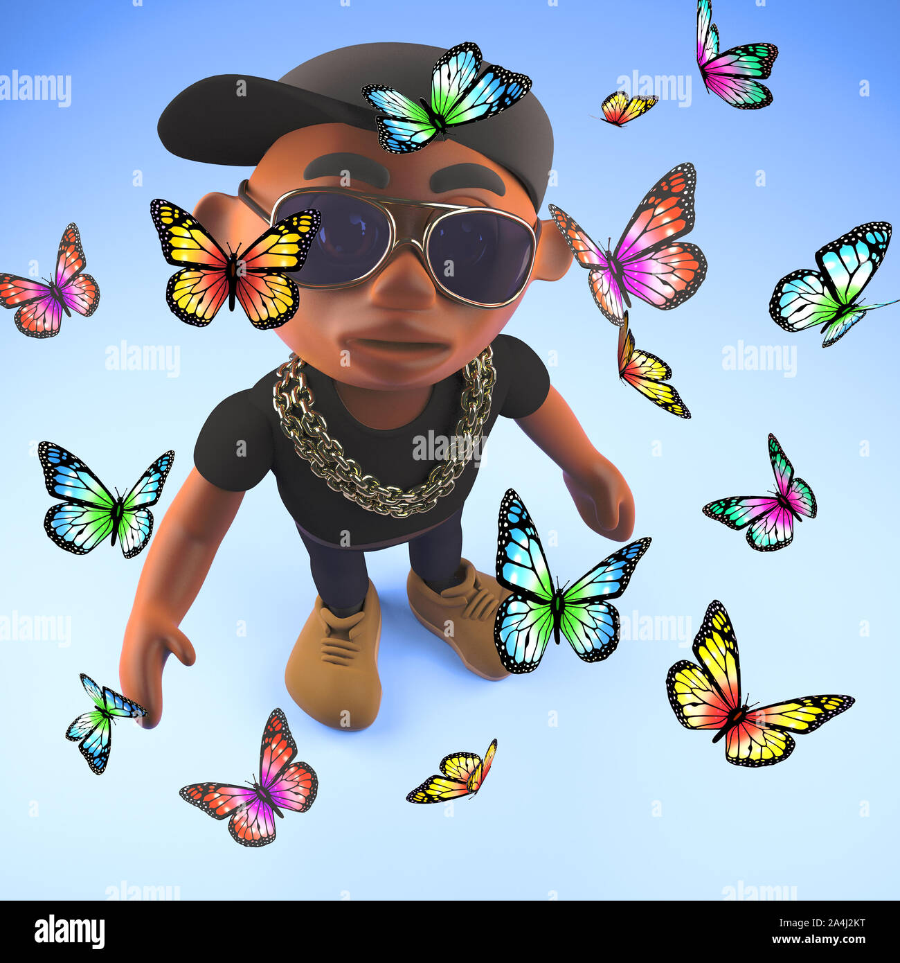 Peace loving black hiphop rapper surrounded by butterflies, 3d ...