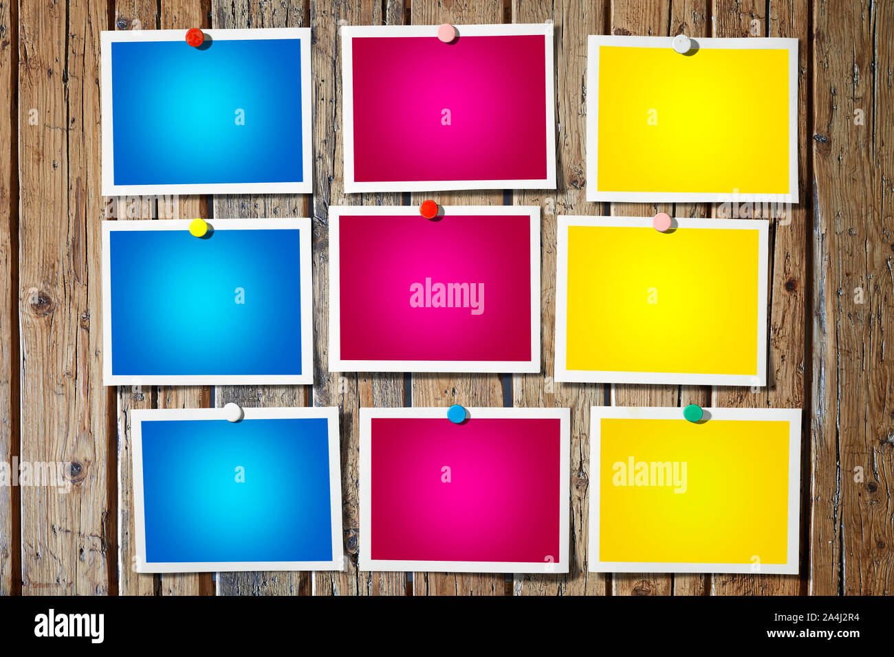 Instant photo on rustic Wooden background and Cyan Magenta, yellow ...